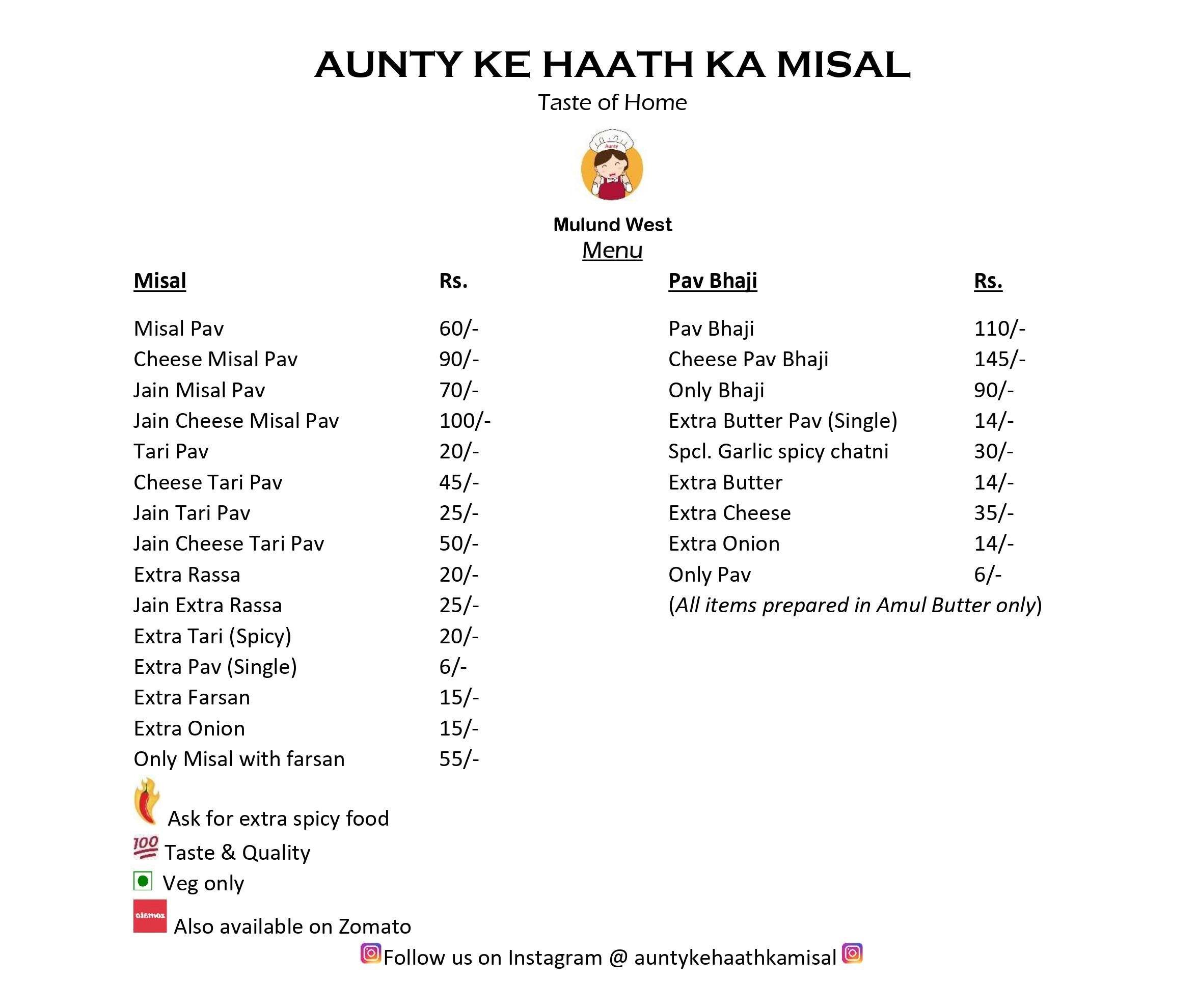 Menu of Aunty Ke Haath Ka Misal, Mulund West, Mumbai