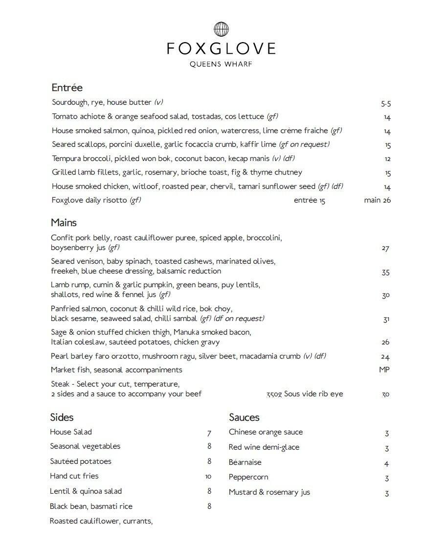 Foxglove Bar & Kitchen, Wellington Central, Wellington City - Menumania ...