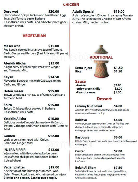Menu at Adulis Restaurant, Wellington