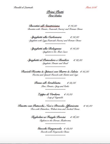 Menu da Il Ristorante Rinaldi Al Quirinale, Roma
