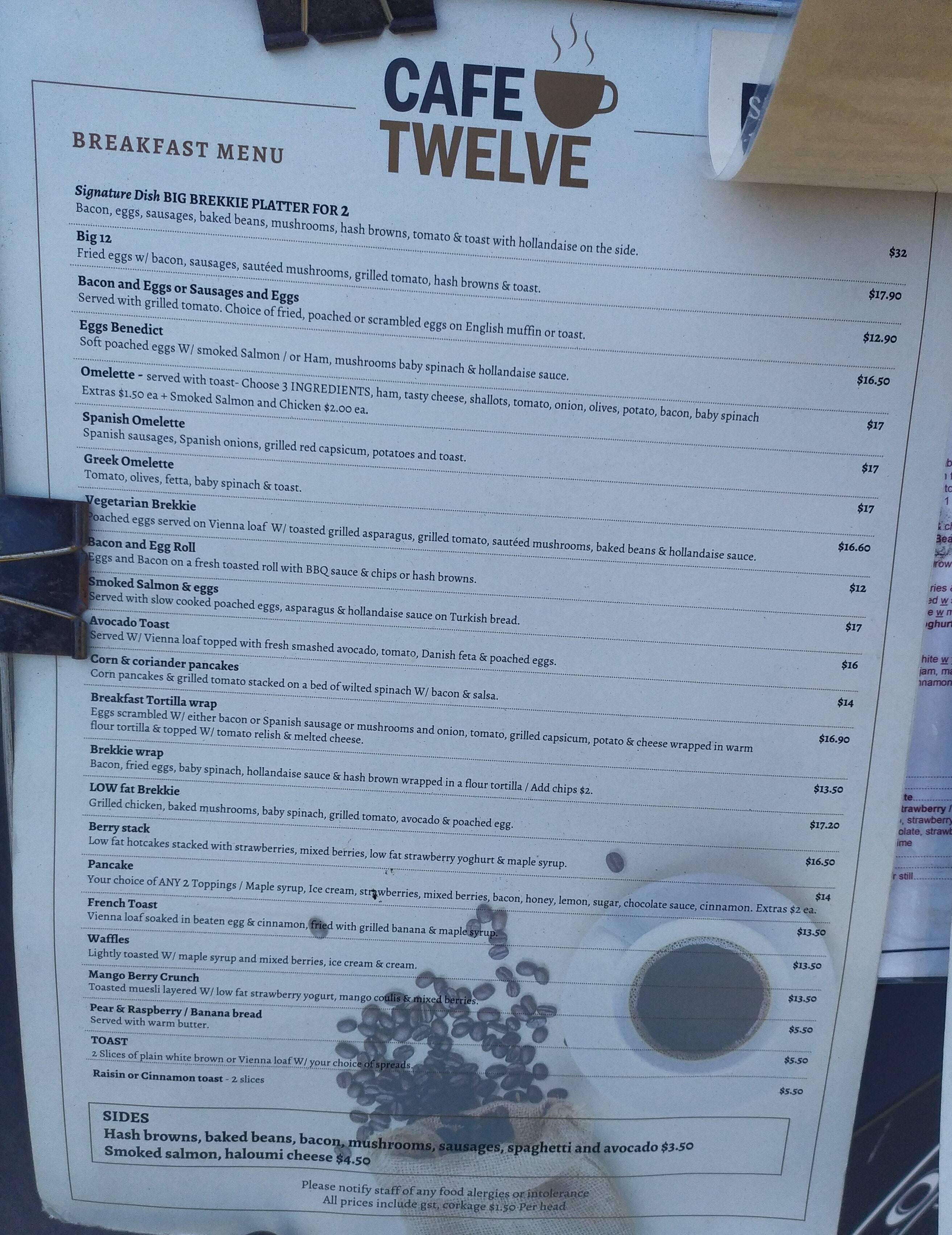 Menu at Cafe Twelve, Gymea