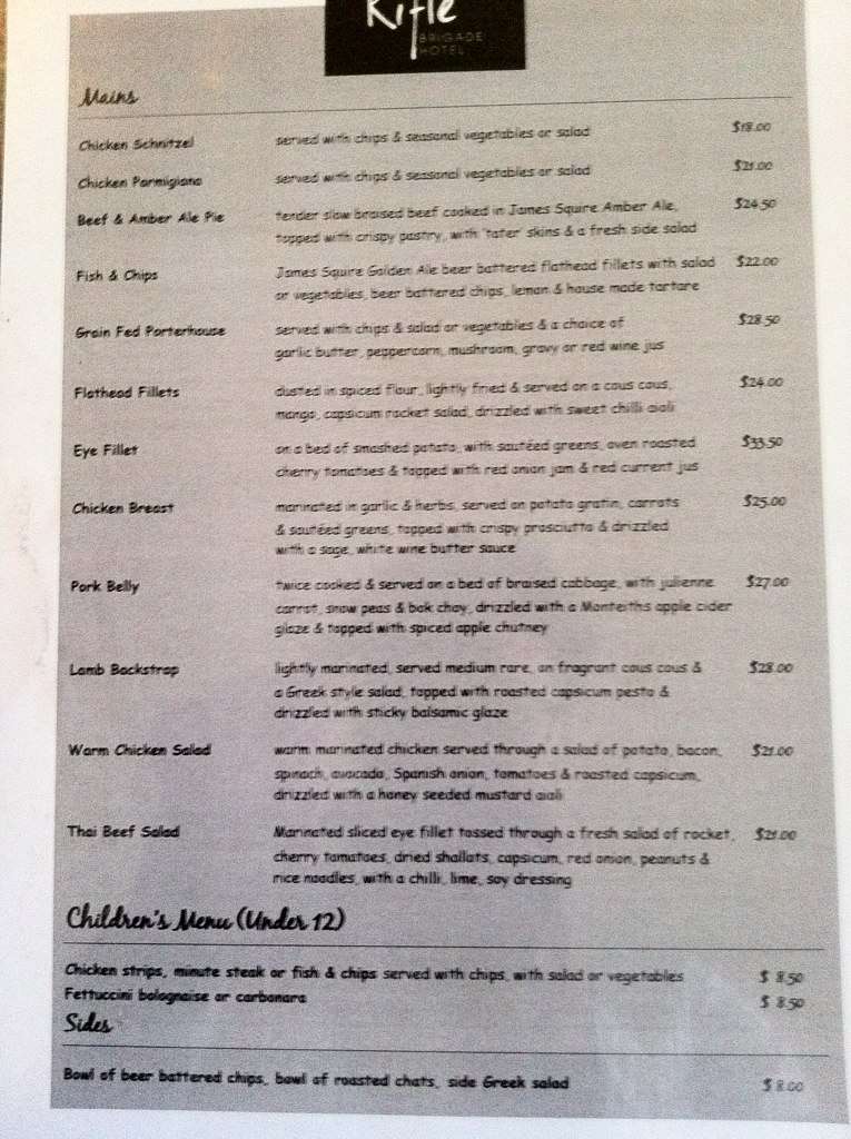 Menu at The Rifle Brigade Hotel restaurant, Bendigo