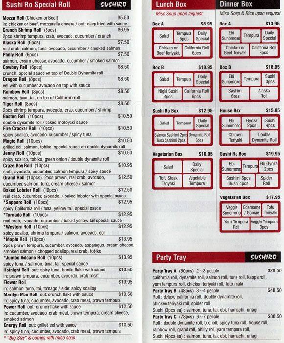 Menu at Sushiro restaurant, Maple Ridge
