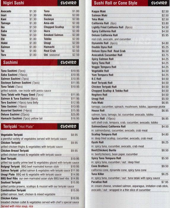 Menu at Sushiro restaurant, Maple Ridge