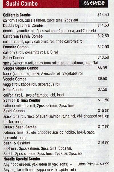 Menu at Sushiro restaurant, Maple Ridge