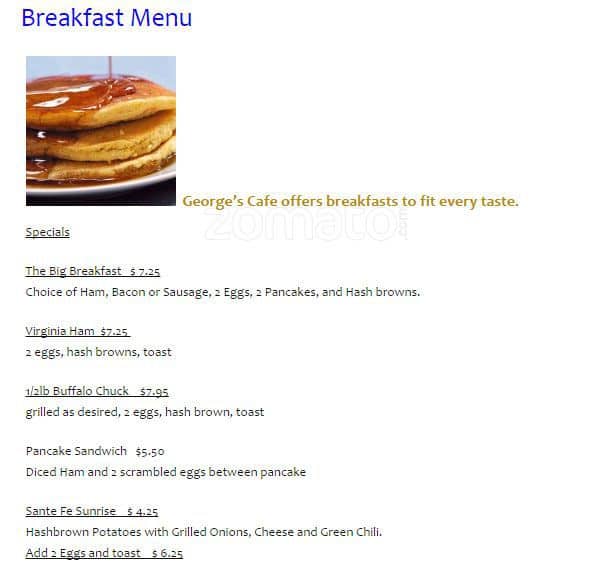 Menu at George's Cafe, Arvada