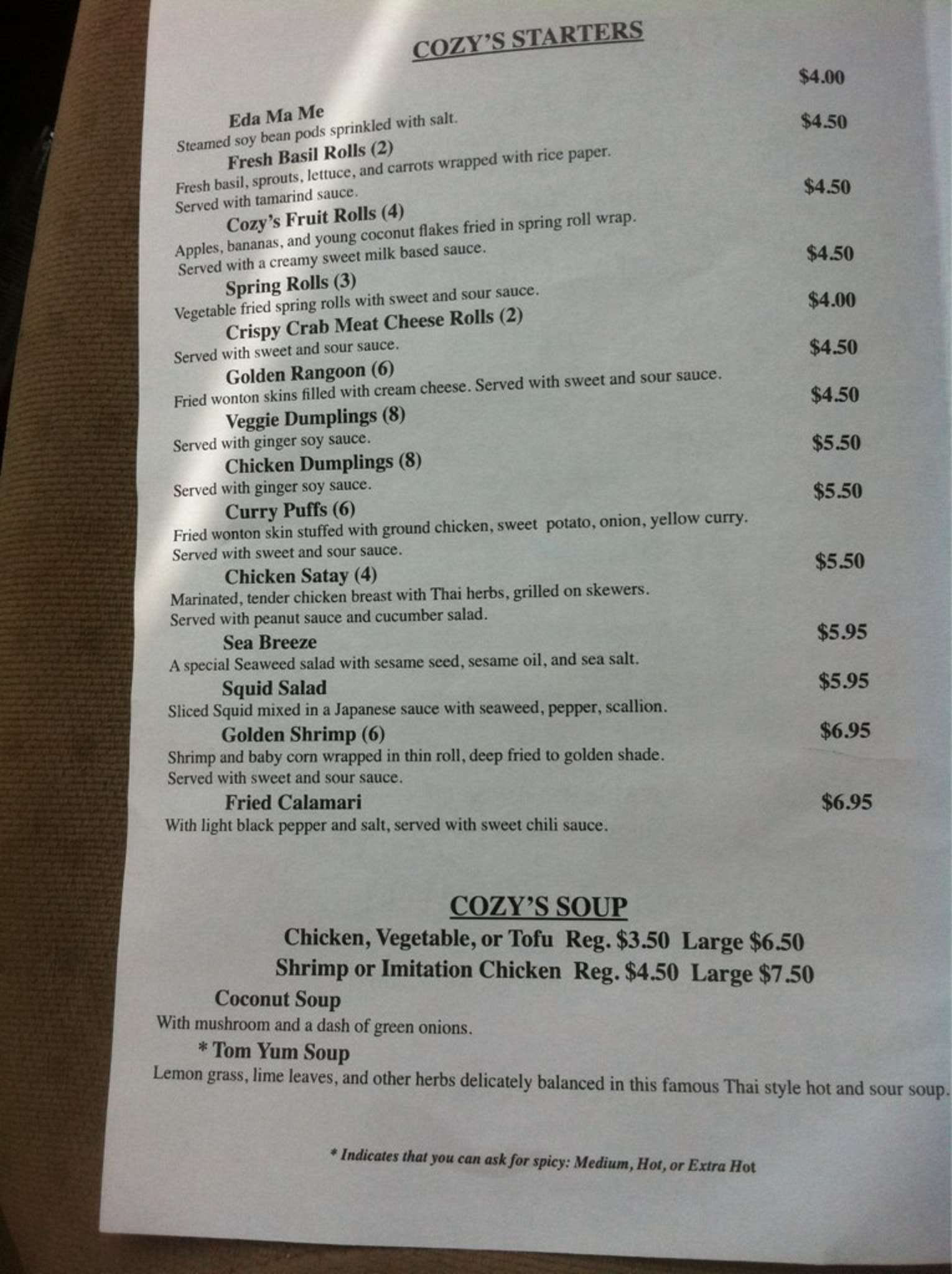 Menu at Cozy Yum Yum restaurant, Athens, 489 East Clayton St