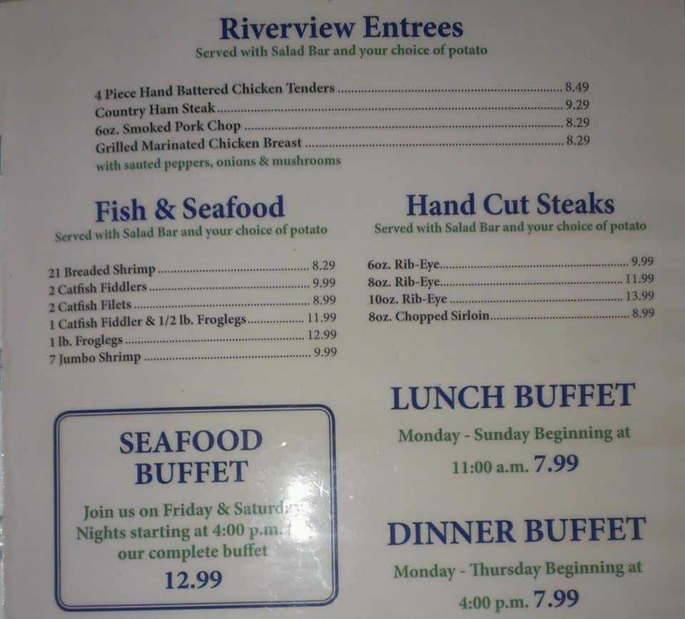 Menu at Riverview Restaurant, Hawesville, Indian Lake Dr