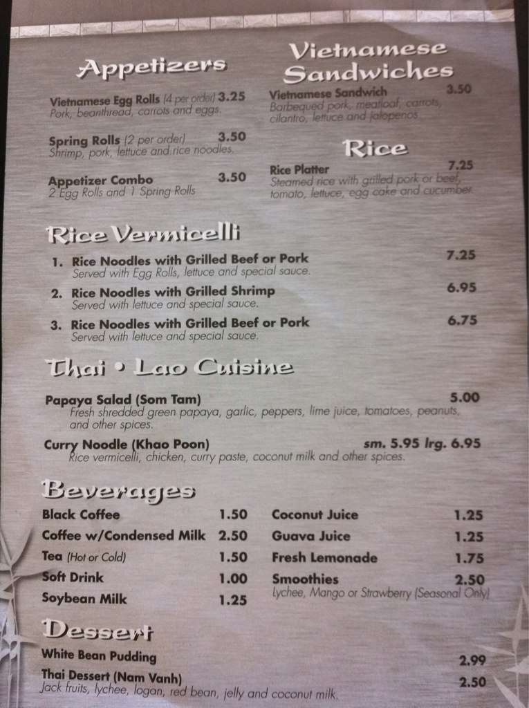 Menu at Pho 76 restaurant, Wausau, W Rosecrans St