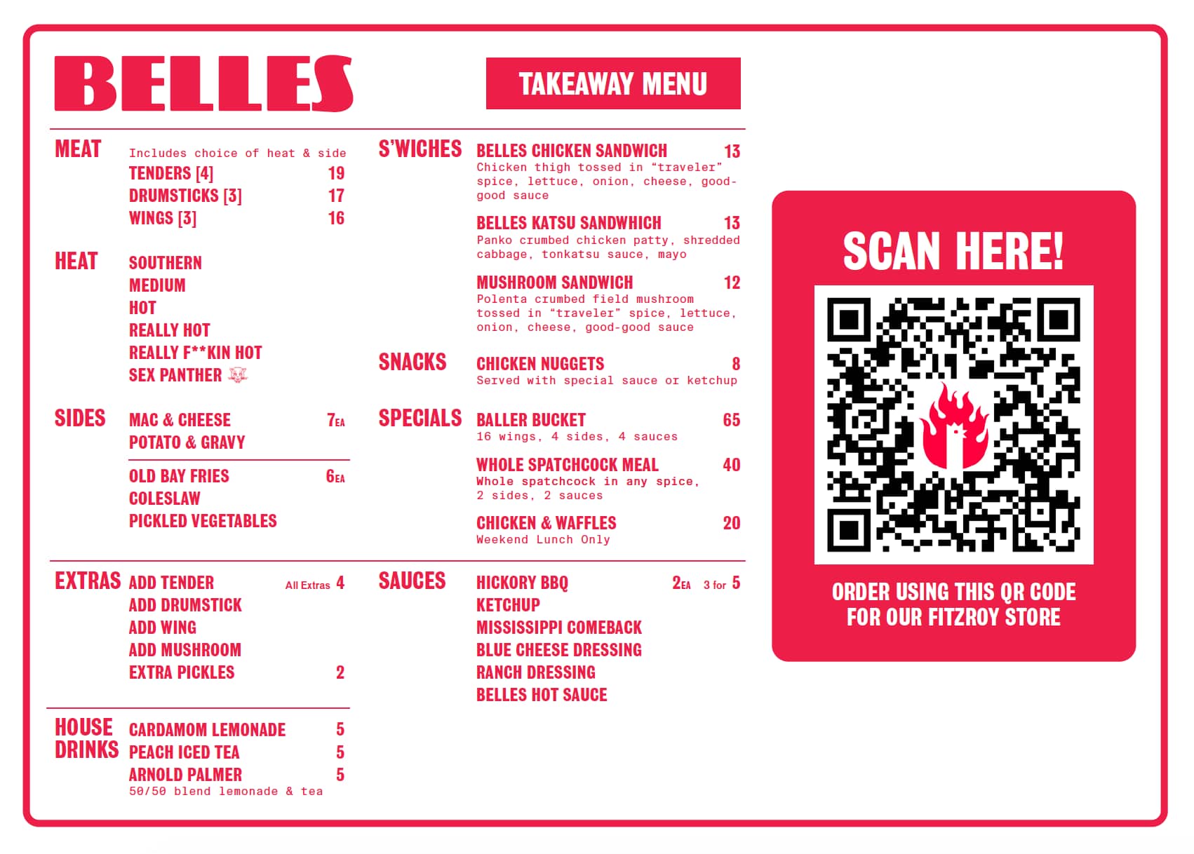 Menu at Belles Hot Chicken Barangaroo, Barangaroo, 5/33 Barangaroo Ave