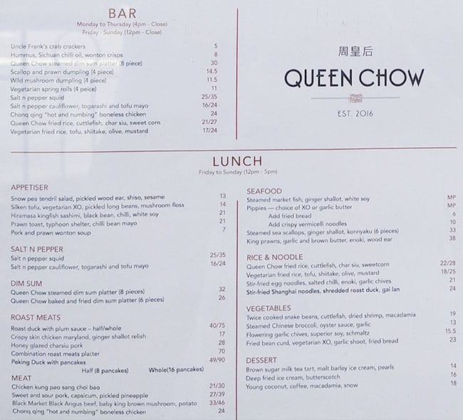 Menu at Queen Chow Enmore pub & bar, Enmore