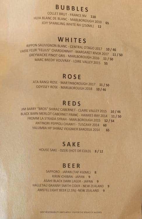 Menu at Paper Crane restaurant, Auckland