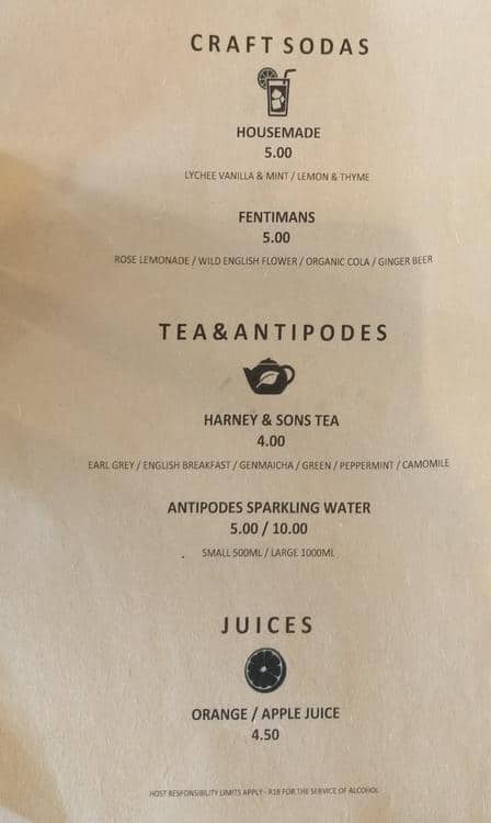 Menu at Paper Crane restaurant, Auckland