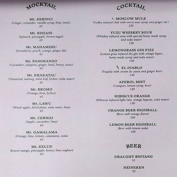 Menu at Seia restaurant, Jakarta