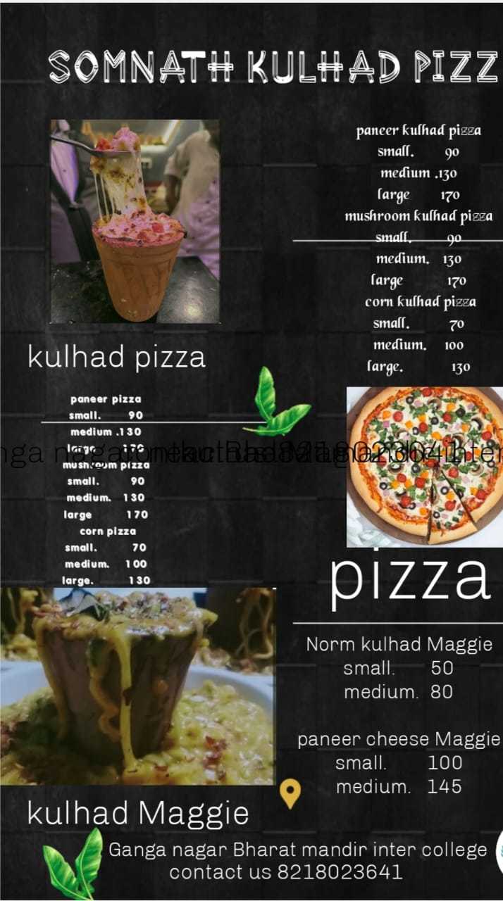 Menu of Somnath Kulhad Pizza, Swarg Ashram, Rishikesh