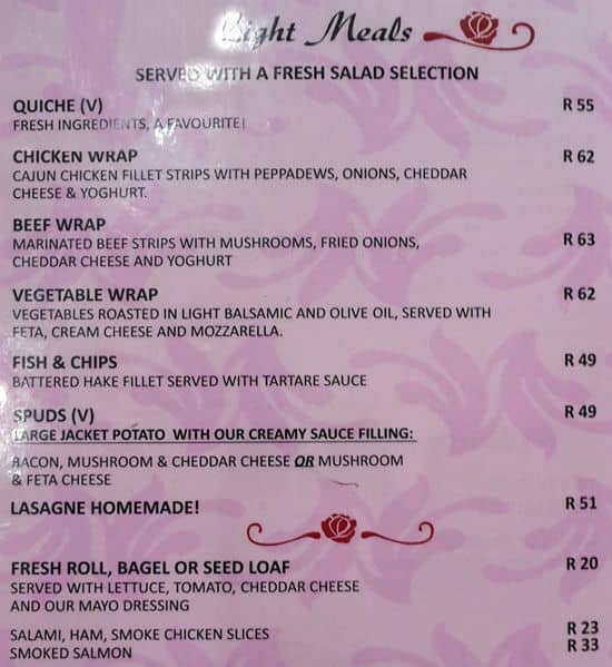 Carta del café Tarts & Roses, Bahía del Jeffreys, Fountains mall