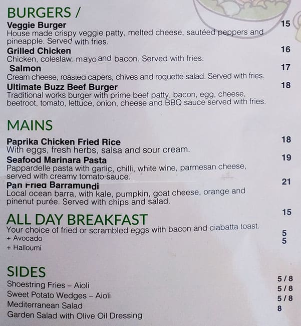 Menu at Buzz Bistro cafe, Fortitude Valley