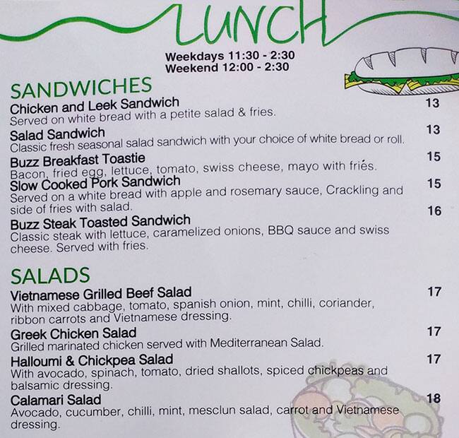 Menu at Buzz Bistro cafe, Fortitude Valley