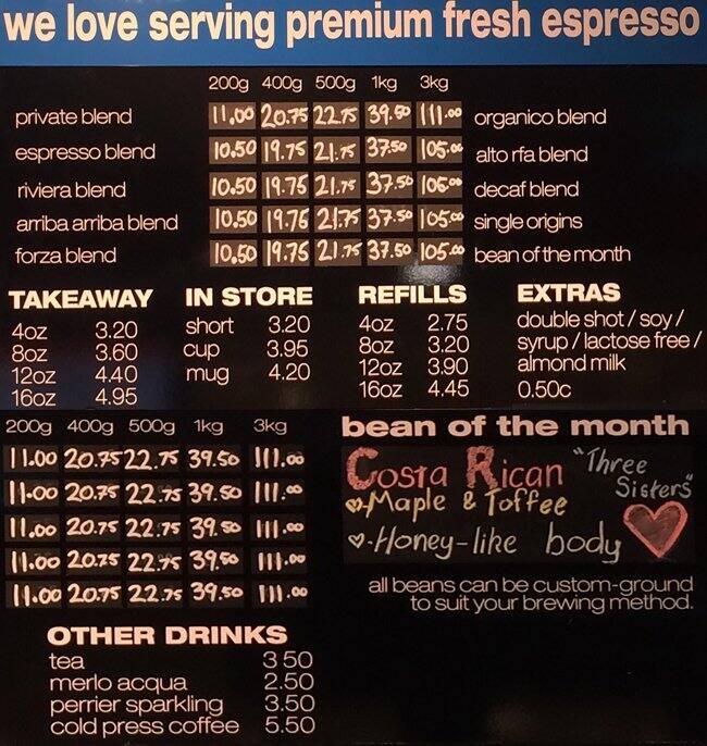 Menu at Merlo Coffee cafe, West End, Davies Park