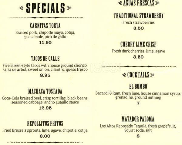 Menu at The Matador pub & bar, Denver