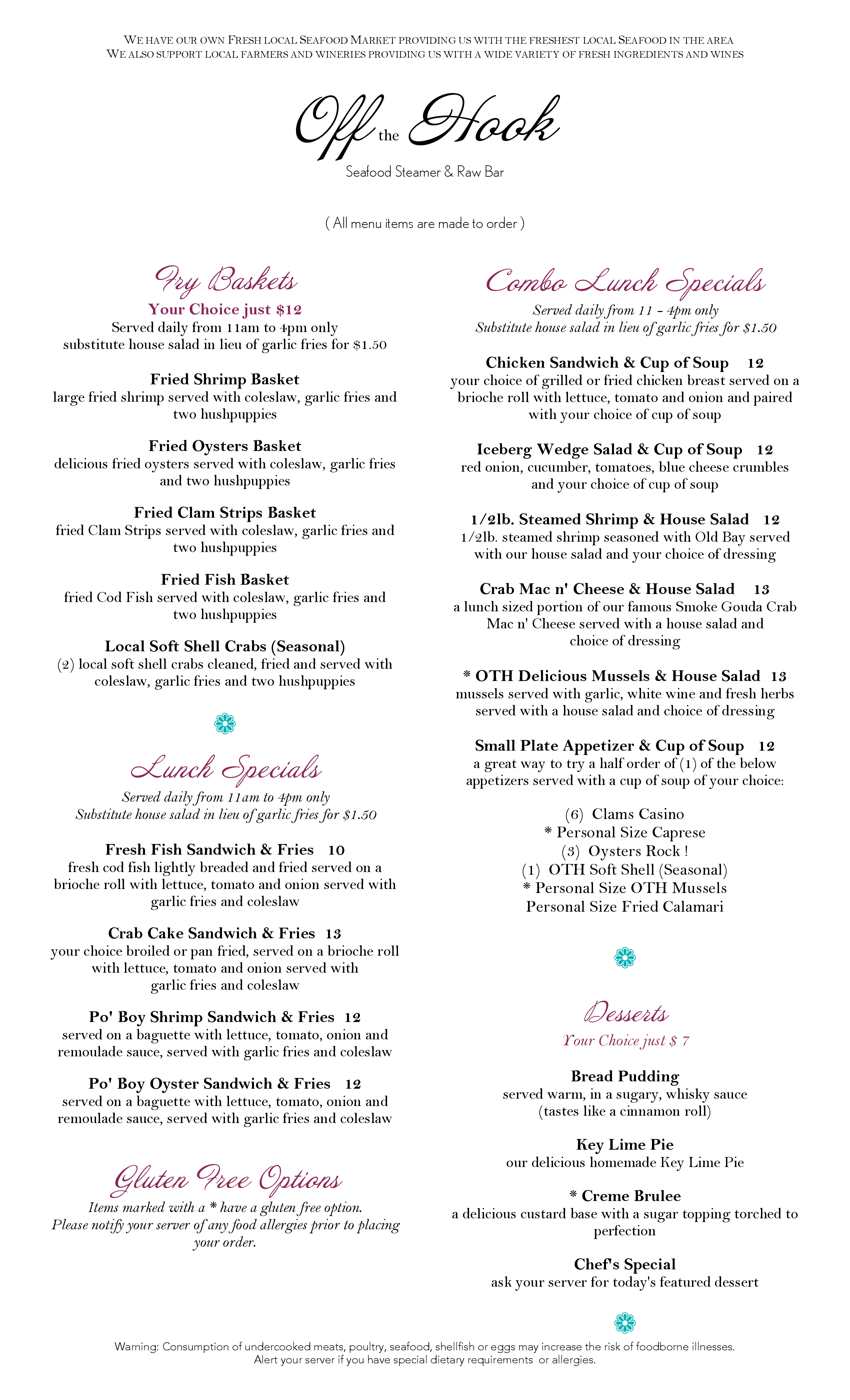 Menu at Off The Hook Seafood Restaurant, Chesapeake, 500 S Battlefield Blvd