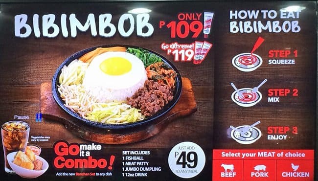 Menu at Mr. Kimbob restaurant, Cebu City