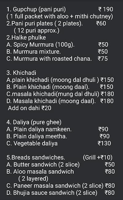 Menu of Food Paradise, Gulmohar Colony, Bhopal
