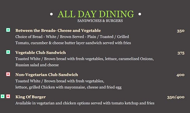 Menu of The Fern Seaside Luxurious Tent Resort, Daman Locality, Vapi