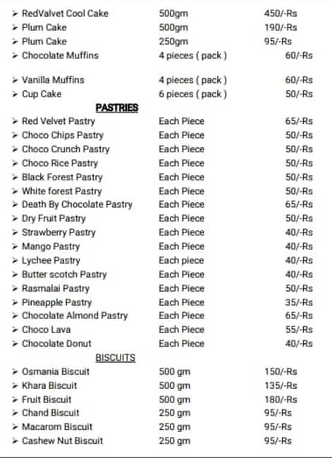 Menu at MS Bakery, Hyderabad, Kishan Bagh Rd