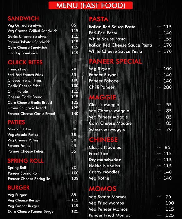 Menu of Urban Tea Cafe, Gulmohar Colony, Bhopal