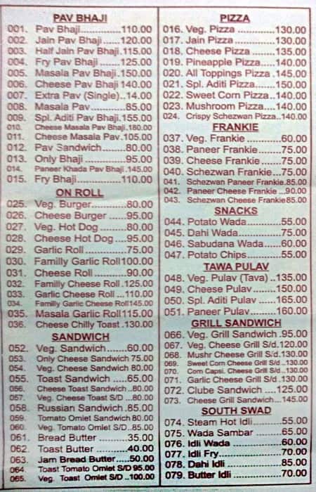 Menu of Aditi Fast Food, Near Andheri West Station, Mumbai