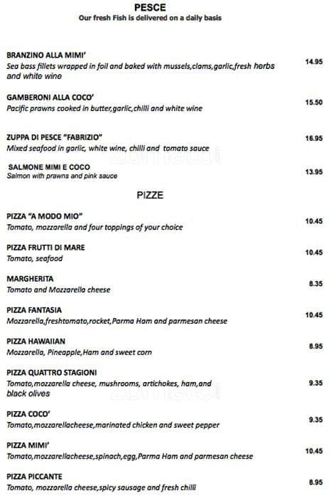 Menu at Mimi e Coco restaurant, Sutton