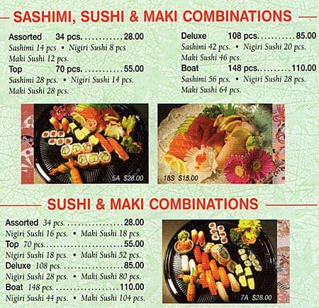 Menu at Sushi Garden restaurant, Toronto, Yonge St