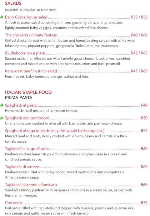 Menu at Bella Cibo restaurant, Oudtshoorn, Baron van Reede