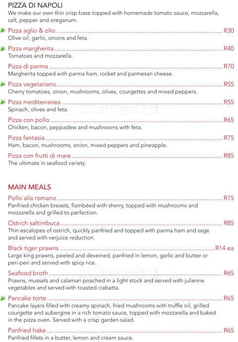 Menu at Bella Cibo restaurant, Oudtshoorn, Baron van Reede