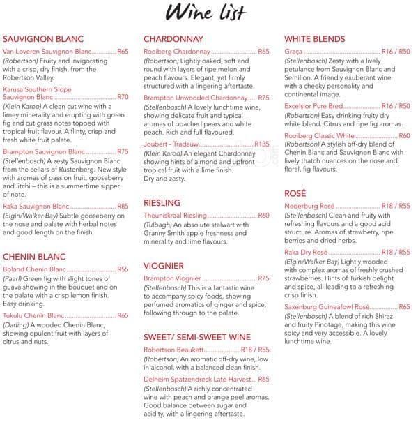 Menu at Bella Cibo restaurant, Oudtshoorn, Baron van Reede