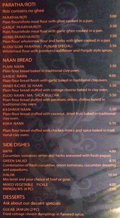 Carta de Dhaka Restaurant, Melbourne