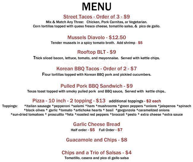 Menu at Roof Top Tavern pub & bar, Morrison