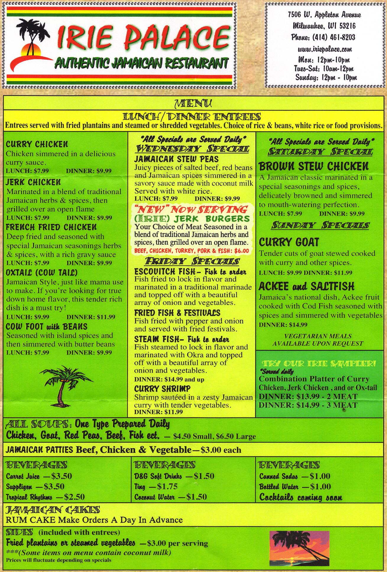 Menu at Irie Palace restaurant, Milwaukee, W Appleton Ave