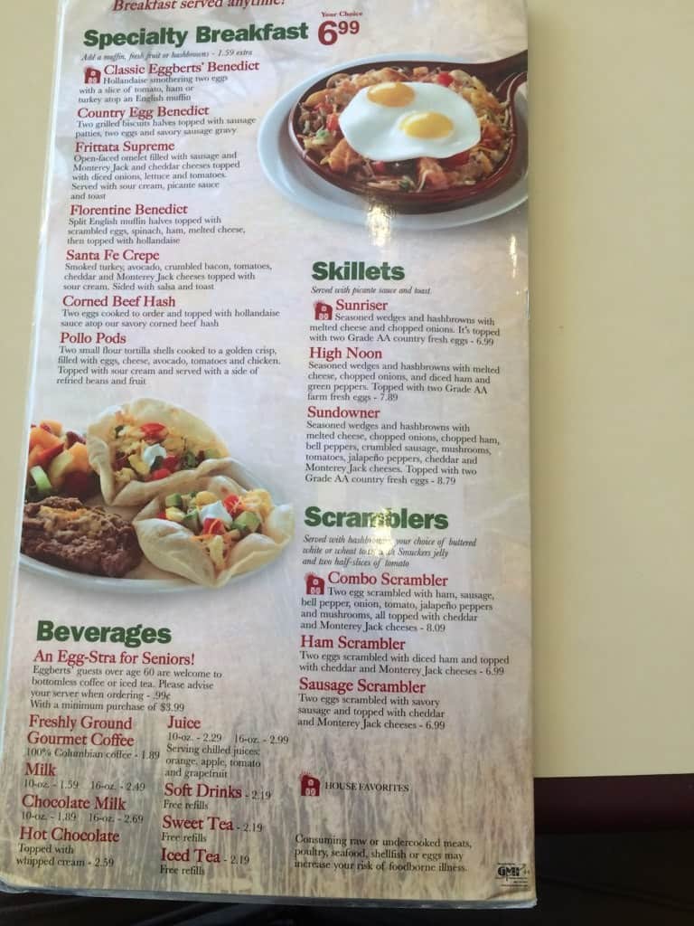 Menu at Eggbert's restaurant, Bartlesville