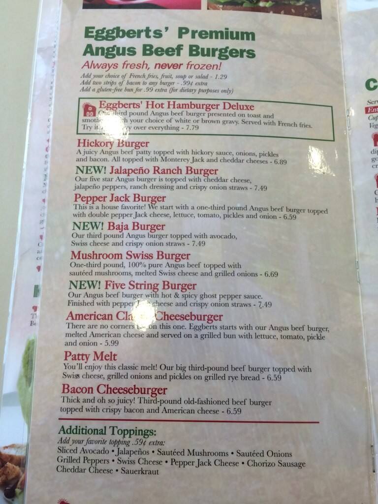 Menu at Eggbert's restaurant, Bartlesville