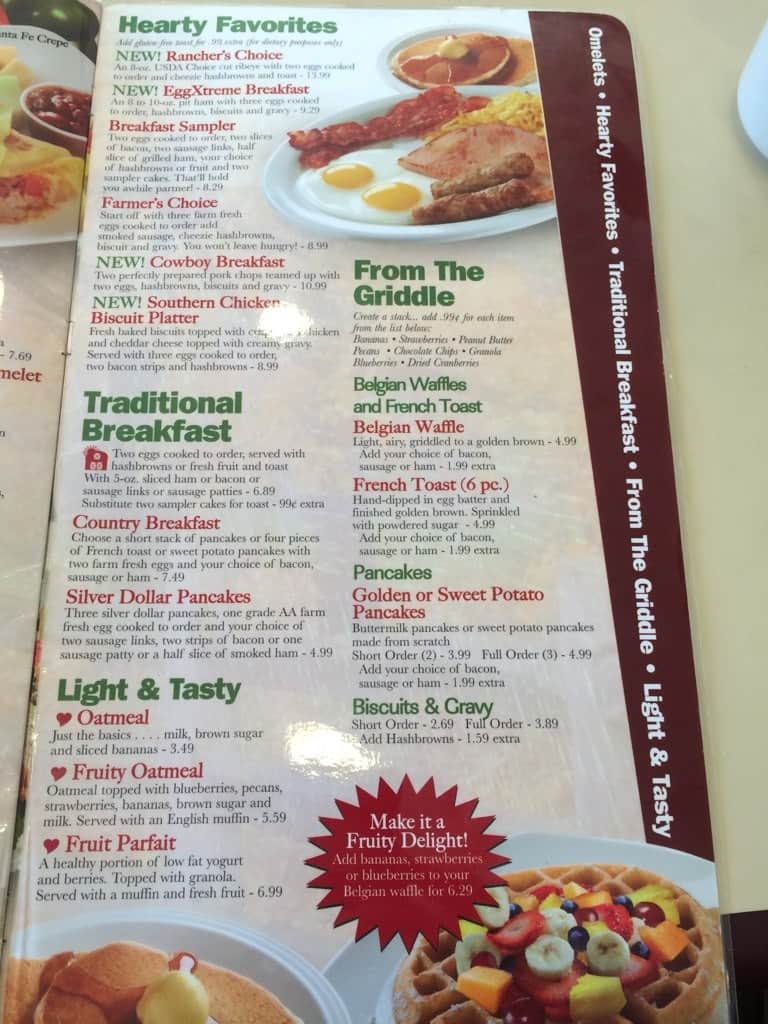 Menu at Eggbert's restaurant, Bartlesville