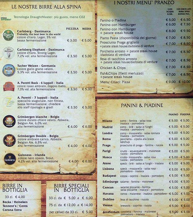 Menu at Neon Pub, Milan