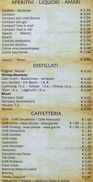 Menu at Neon Pub, Milan
