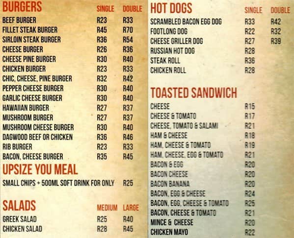 Menu at Supa Marios, Bloemfontein, Andrews Service Station