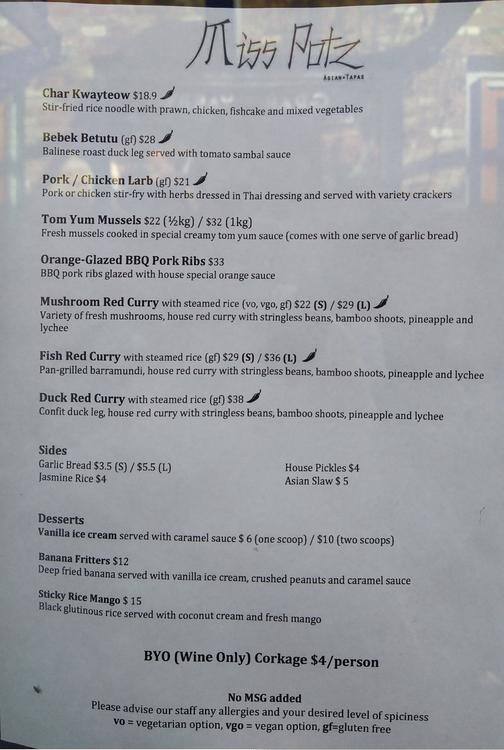 Menu at Miss Potz restaurant, Mount Lawley