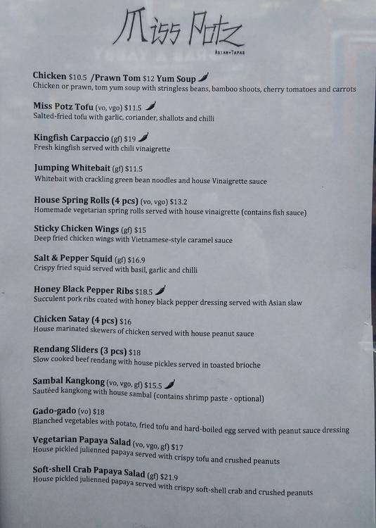 Menu at Miss Potz restaurant, Mount Lawley