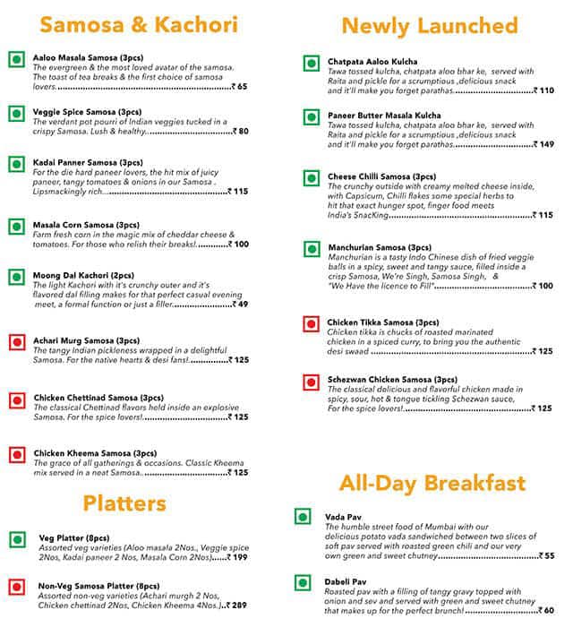 Menu of Samosa Singh, Malad West, Mumbai
