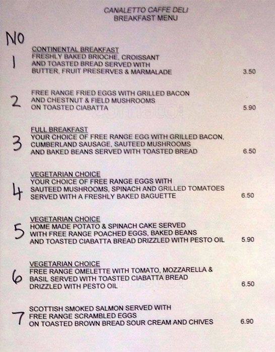 Menu at Chiltern Street Deli cafe, London