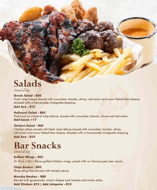 Menu at The Duck 'n Dive, Sandton